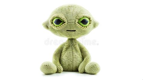 A Small Stuffed Alien Toy With Glowing Eyes Sitting Down With A Hand On