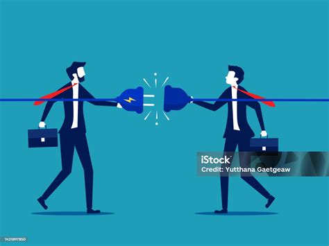 Connection Or Synergy Businessman Connecting Electric Power Lines Vector Illustration Stock