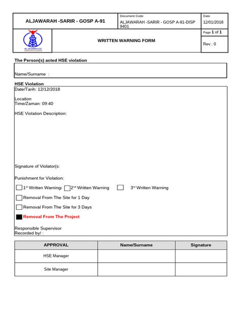 Aljawarah Sarir Gosp A 91 Disp 9403 Written Warning Form Pdf