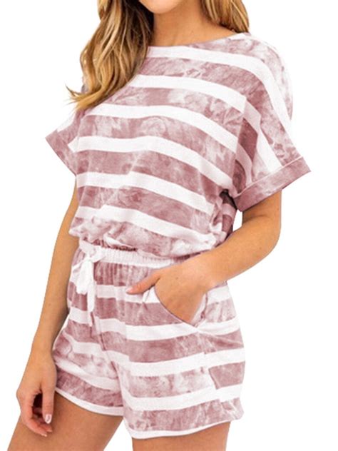 Xuanfei Women Round Neck Stripe Tie Dyed Short Sleeve Pocket Short