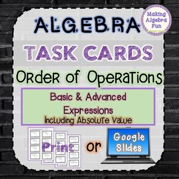 Algebra Task Cards Simplify Expressions With Absolute Value Order Of Operations