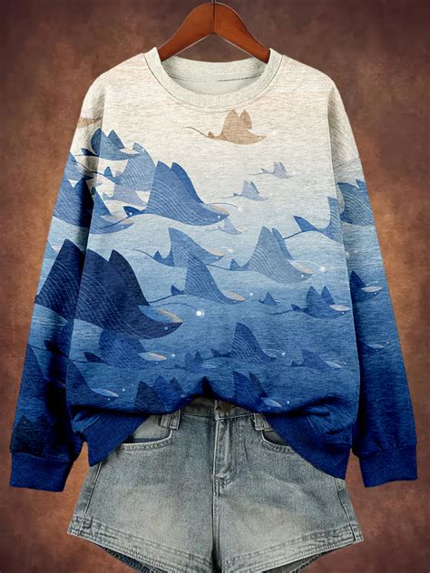 Comstylish Stingray Migration Art Pattern Washed Cozy Sweatshirt
