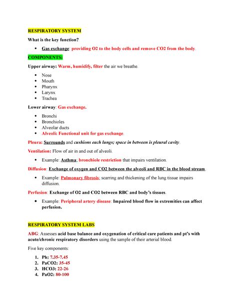 Respiratory System Med Surge Cheat Sheet Respiratory System What Is