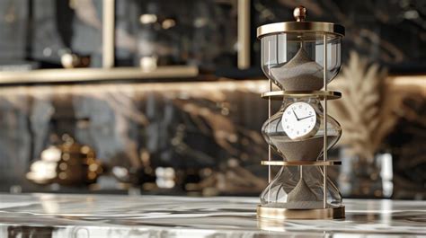 A Gold Hourglass With An Analog Clock In The Middle Sits On A Marble