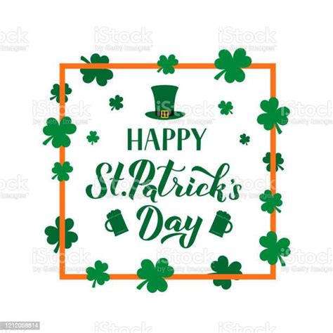 해피 세인트 패트릭의 날 서예 손 편지 모자 녹색 맥주와 토끼풀의 머그잔 프레임 세인트 패트릭의 날 인사말 카드입니다 배너 포스터 전단지 엽서에 대한 벡터 템플릿 3월에