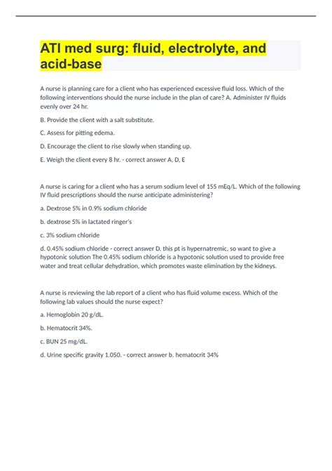 Ati Med Surg Fluid Electrolyte And Acid Base Ati Fluid And