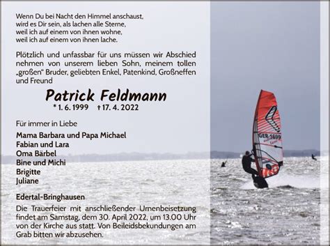 Traueranzeigen Von Patrick Feldmann Trauerwlz Onlinede
