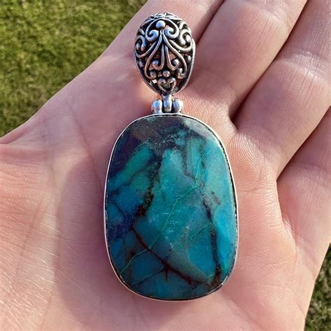 Huge Vintage Womens Jewelry Silver 800 Pendant Natural Chrysocolla