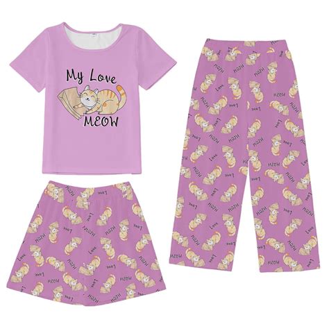 Girls Pajamas 3 Piece Set Button Down Pjs Short Sleeve Top Shorts And Long Pants Cute Patterns