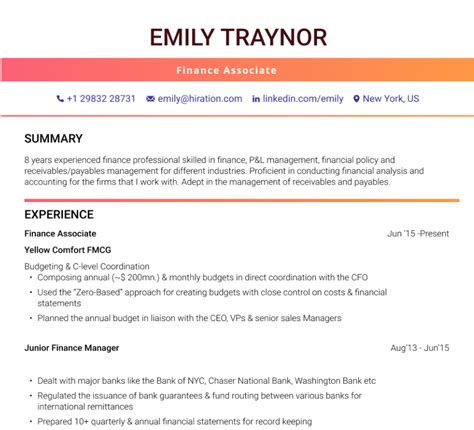 Free Finance Associate Resume Sample By Hiration 2022