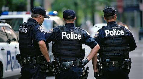 American Police Officers Conducting An Inspection In Uniform Premium