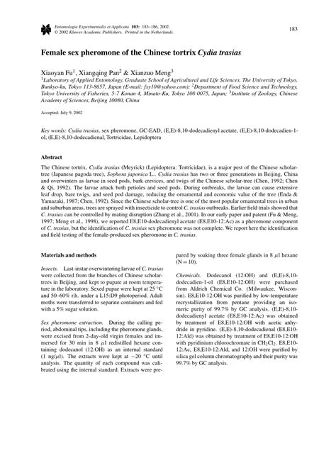 Pdf Female Sex Pheromone Of The Chinese Tortrix Cydia Trasias