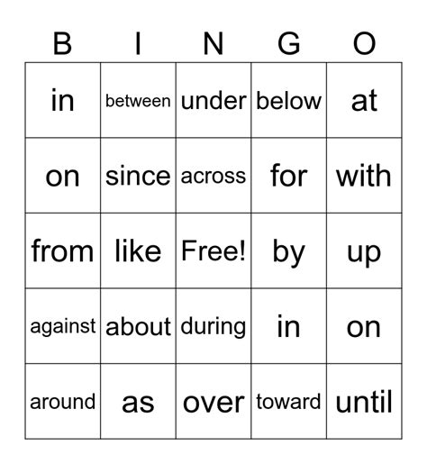 Preposition Bingo Card