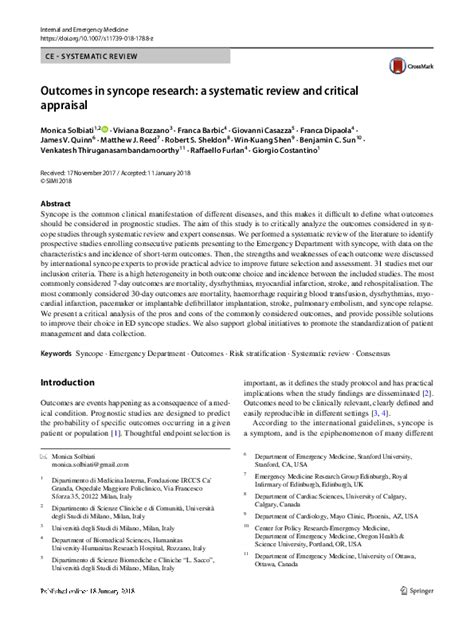 Pdf Outcomes In Syncope Research A Systematic Review And Critical Appraisal