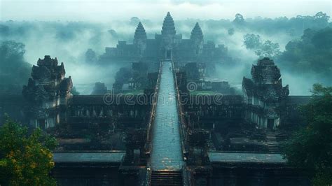 A Misty View Of An Ancient Temple Complex Surrounded By Lush Greenery Stock Illustration