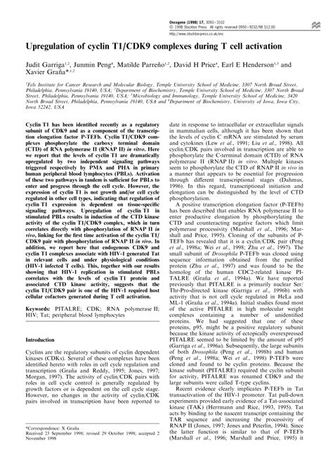 Pdf Upregulation Of Cyclin T1 Cdk9 Complexes During T Cell Activation