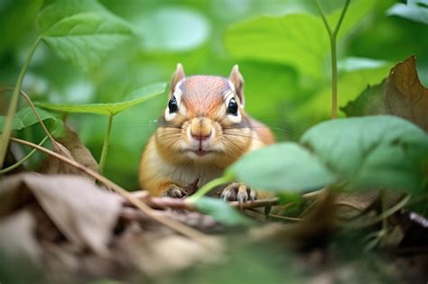 Premium Photo Chipmunk Under A Shrub Safeguarding A Chestnut