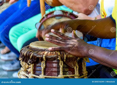 Closeup Of The Hands Playing Atabaque A Tall Wooden Afro Brazilian