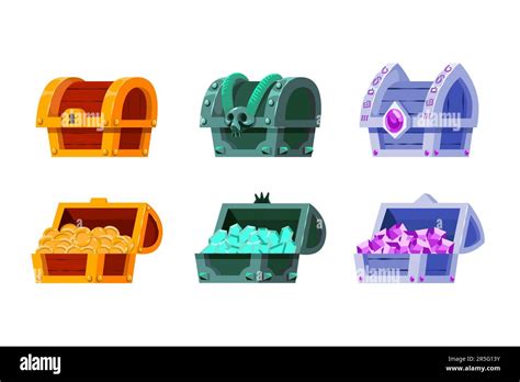 Closed And Open Treasure Chests Vector Illustration Set Stock Vector