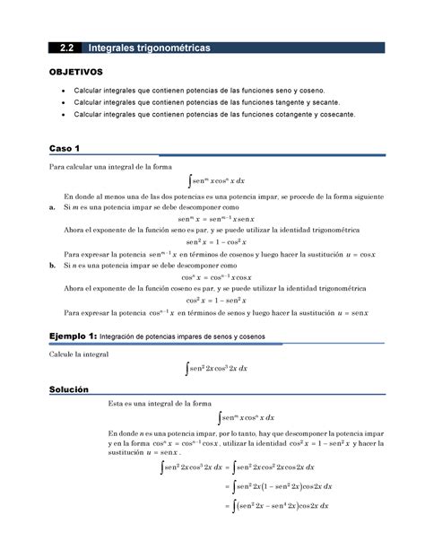 22 Integrales Trigonometricas 2 Integrales Trigonométricas Objetivos