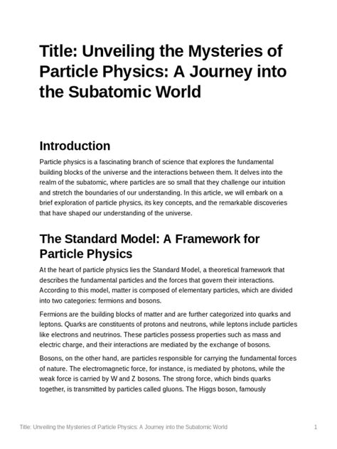 Unveiling The Mysteries Of Particle Physics A Journey Into The Subatomic World Pdf