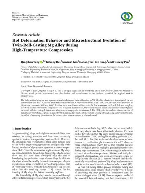 Hot Deformation Behavior And Microstructural Evolution Of Twin Roll Casting Mg Alloy During High