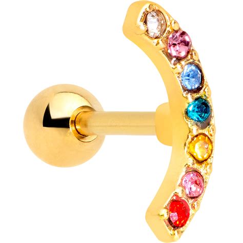 16 Gauge 1`4 Red Blue Gem Gold Tone Rainbow Arc Cartilage Tragus