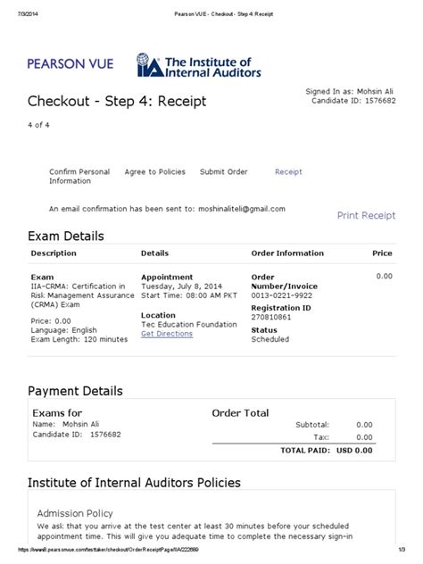Pearson Vue Checkout Step 4 Receipt Receipt Identity Document