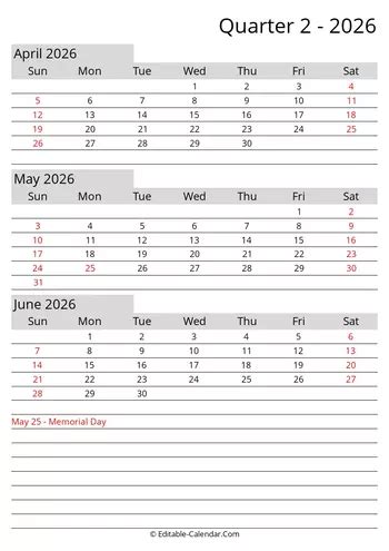 Quarter 2 Of 2026 Editable Calendar In Excel Word Pdf