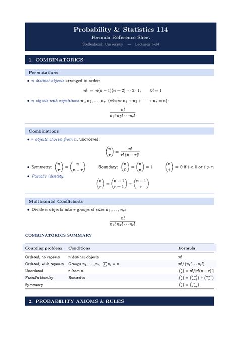 Probability Statistics 114 Formula Reference Sheet Combinatorics