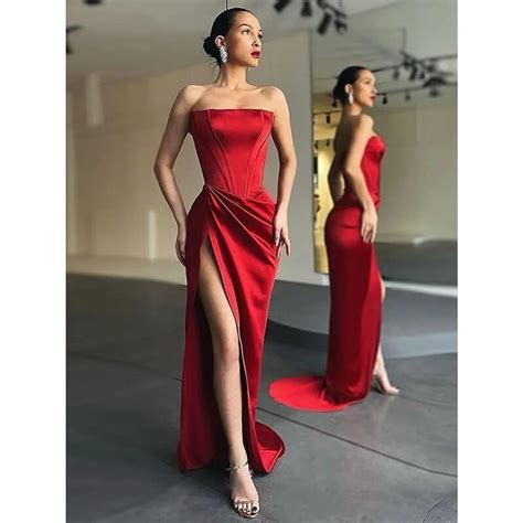 Q836 Strapless Corset High Slit Red Dress Qyn Designer Dress Hire