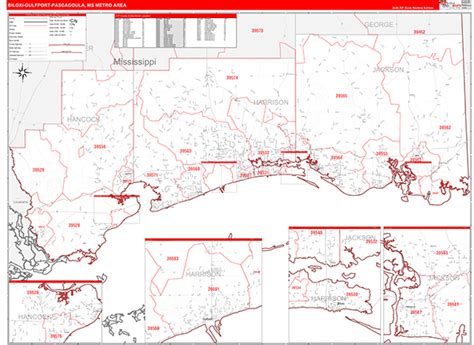 Gulfport Biloxi Pascagoula Ms Metro Area Wall Map Red Line Style By