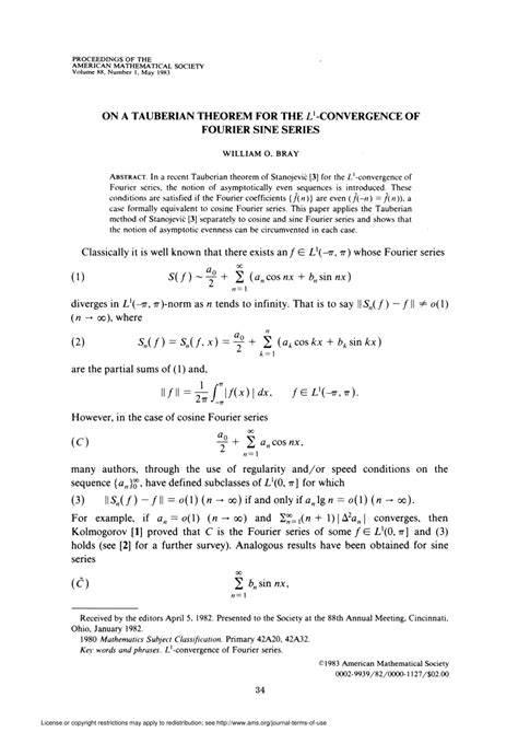 Pdf On A Tauberian Theorem For The L 1 Convergence Of Fourier Sine Series