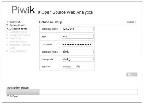 11 piwik database setup click next to create the database and piwik
