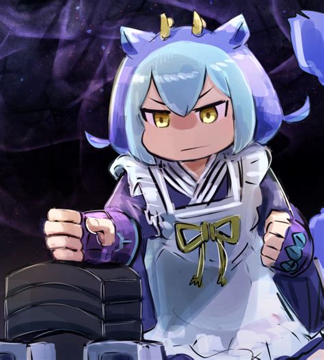Safebooru 1girl Apron Blue Hair Dragon Girl Dragon Horns Dragon Tail