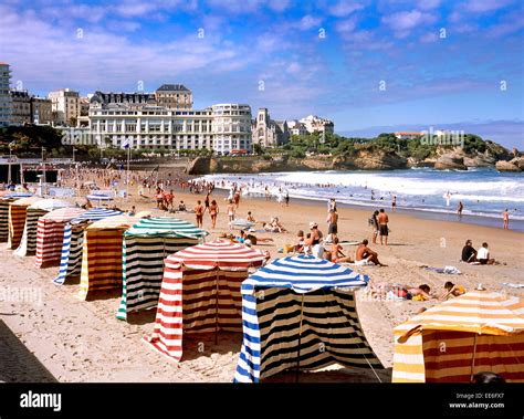 Biarritz Aquitaine France Beach And Colourful Tents Looking Towards