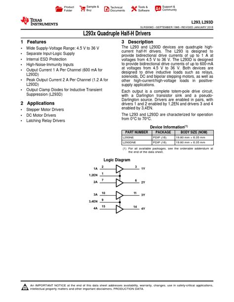 L293 Datasheet L293 Etcti Pdf Quadruple Half H Drivers Texas Instruments