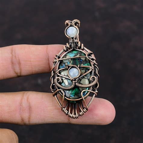 Copper Azurite Malachite Pendant Evil Eye Pendant Copper Wire Wrapped