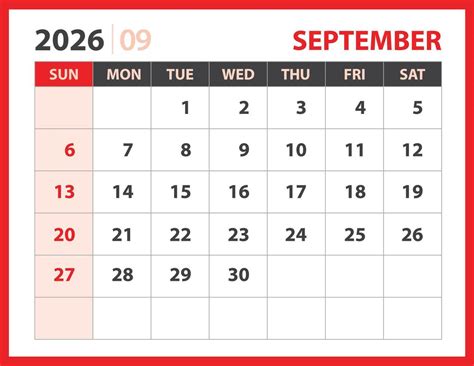 Calendario 2026 Año Septiembre 2026 Modelo 58797050 Vector En Vecteezy