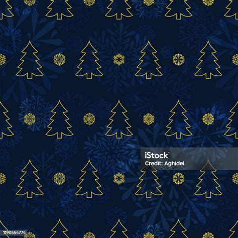파란색 추상적 인 겨울 반복 배경에 금 윤곽 전나무와 눈송이 벡터 원활한 패턴 섬유 페인트 패브릭 스와이트 포장지 연속 인쇄 광고 카드의 디자인 요소 크리스마스에 대한 스톡