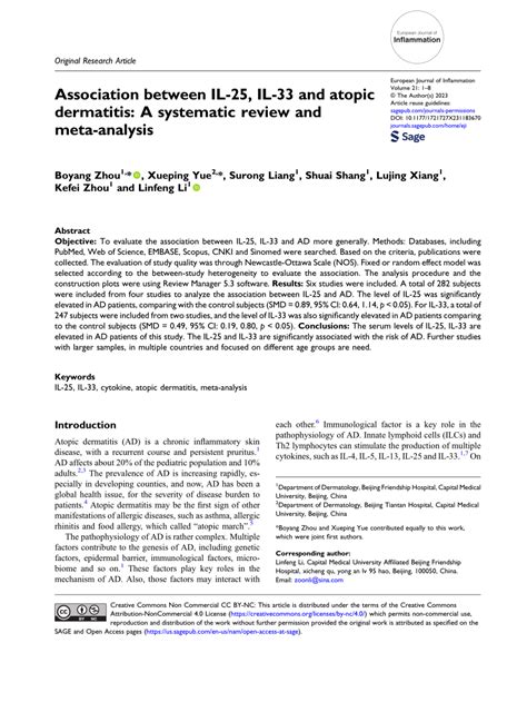 Pdf Association Between Il 25 Il 33 And Atopic Dermatitis A Systematic Review And Meta Analysis
