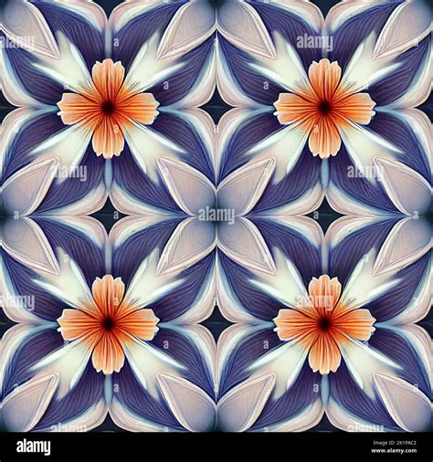 Seamless Repeating Pattern Drawing In Blue With Orange Accents Flower Shapes Artistic