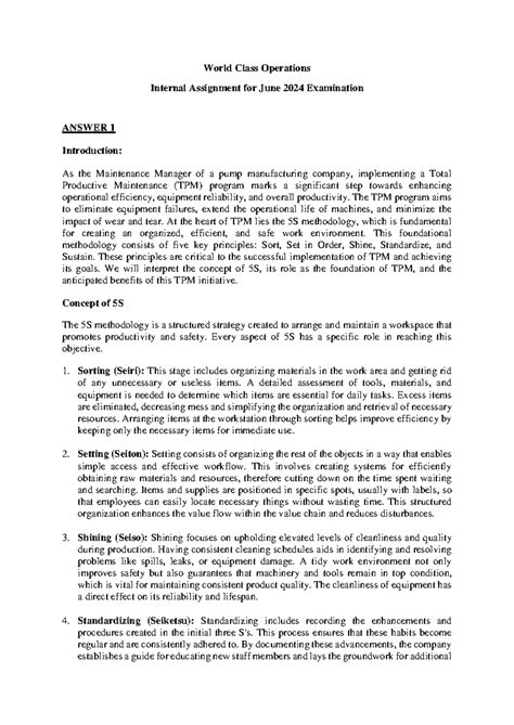 World Class Operations World Class Operations Internal Assignment For