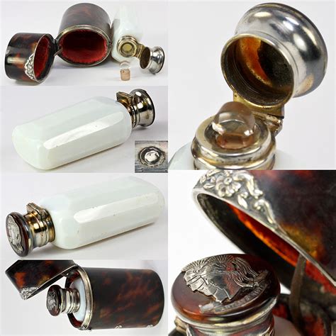 Antique Victorian Tortoise Shell Etui With Opaline Perfume Bottle To