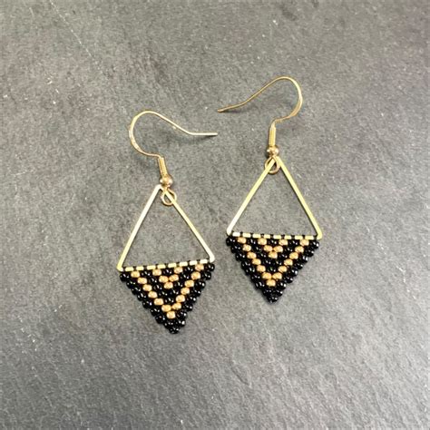 Black And Gold Triangle Beaded Earrings Gold Geometric Triangle Black