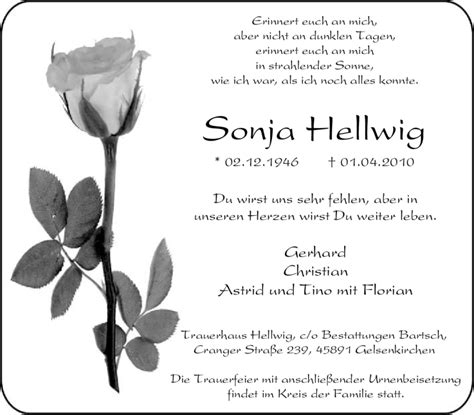 Traueranzeigen Von Sonja Hellwig Trauer In Nrw De