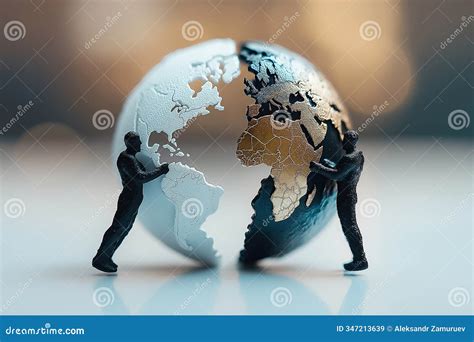 A Globe Split In Two Shows Humans Collaborating But Separated Symbolizing Unity And Division