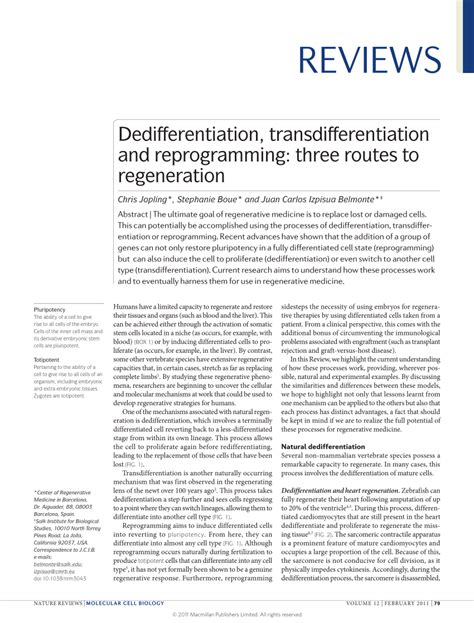 Pdf Dedifferentiation Transdifferentiation And Reprogramming Three Routes To Regeneration