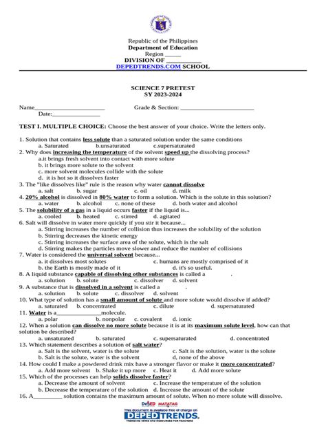 Sci 7 Pre Test Sy 2023 2024 Pdf