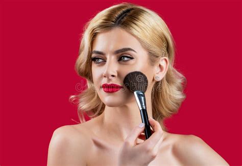 Make Up In Process Beautiful Young Woman Applying Makeup Applying